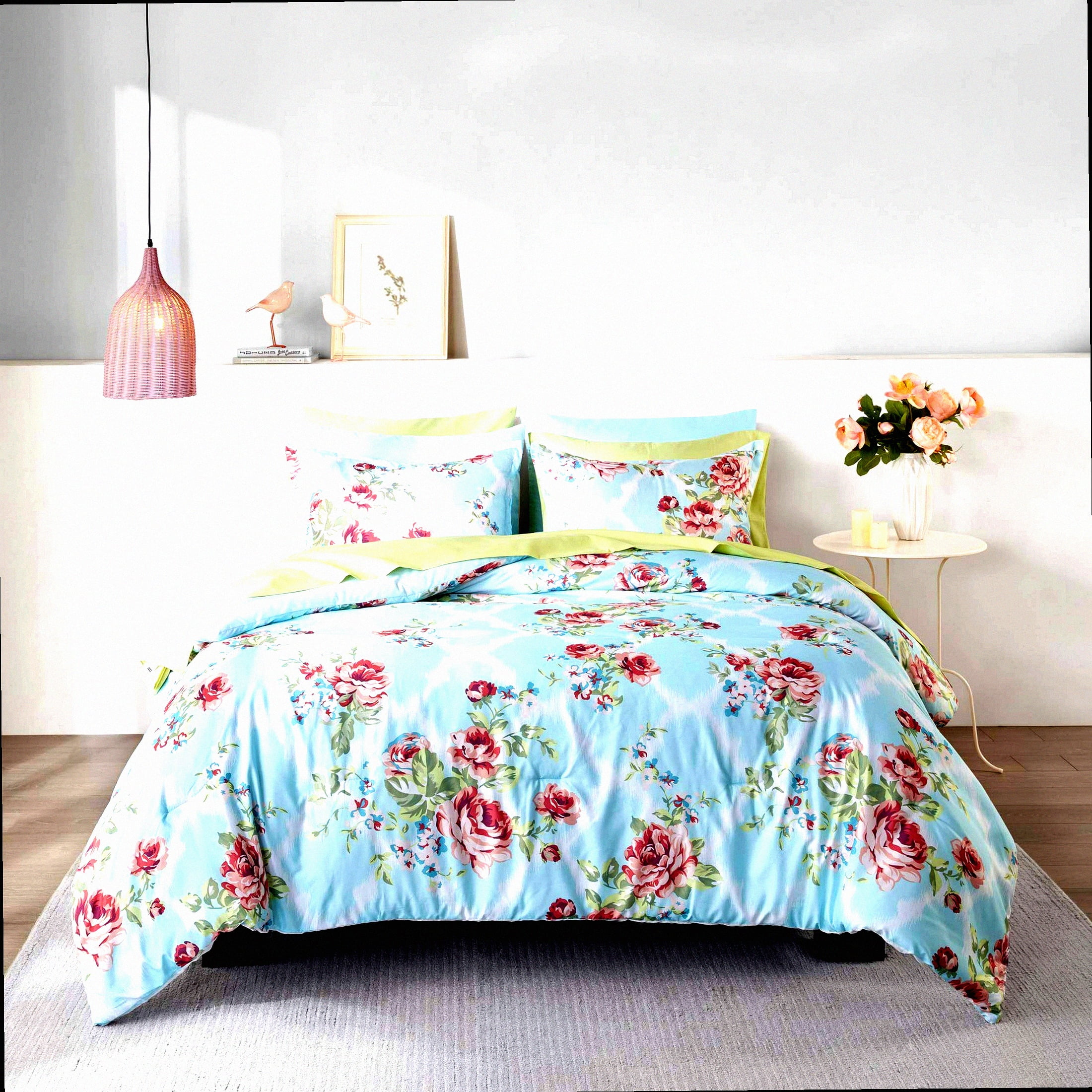 Floral Blue Pocketed Comforter Set - 9 Piece Bedding Bundle - Cozy All ...