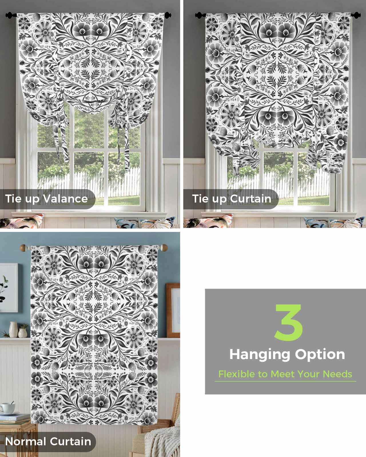 Floral Blue Retro Flower Curtain for Living Room Kitchen Tie-up Short ...