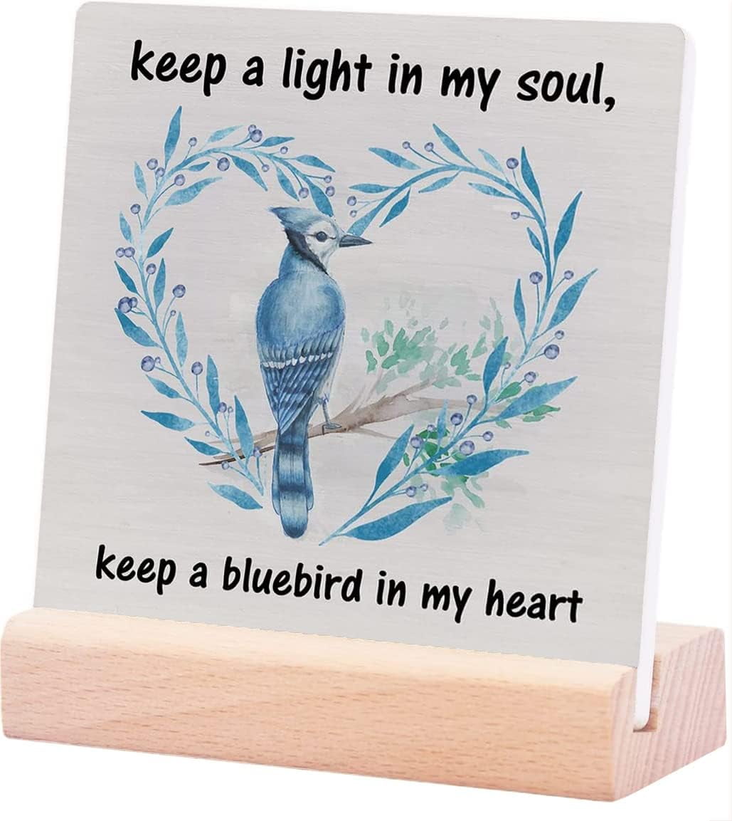 Floral Bluebird Ceramic Table Plaque With Wooden Stand Desk Decorations ...