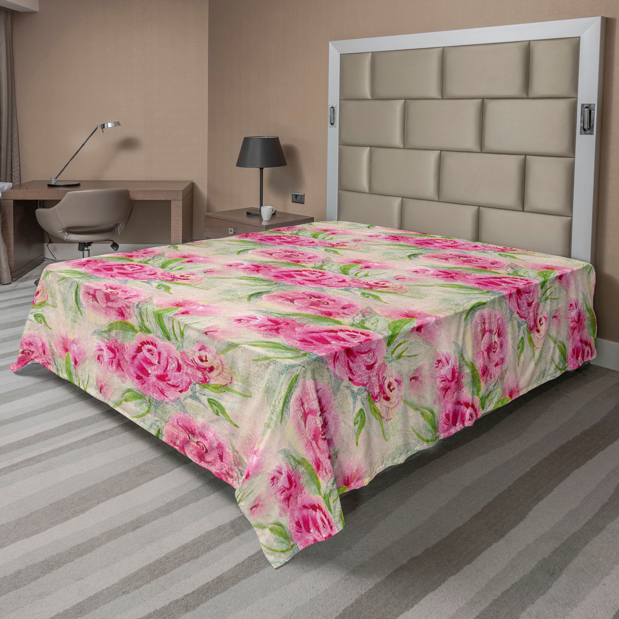 Floral Boho Flat Sheet, Simple Modern Blooming Roses Watercolor Style ...