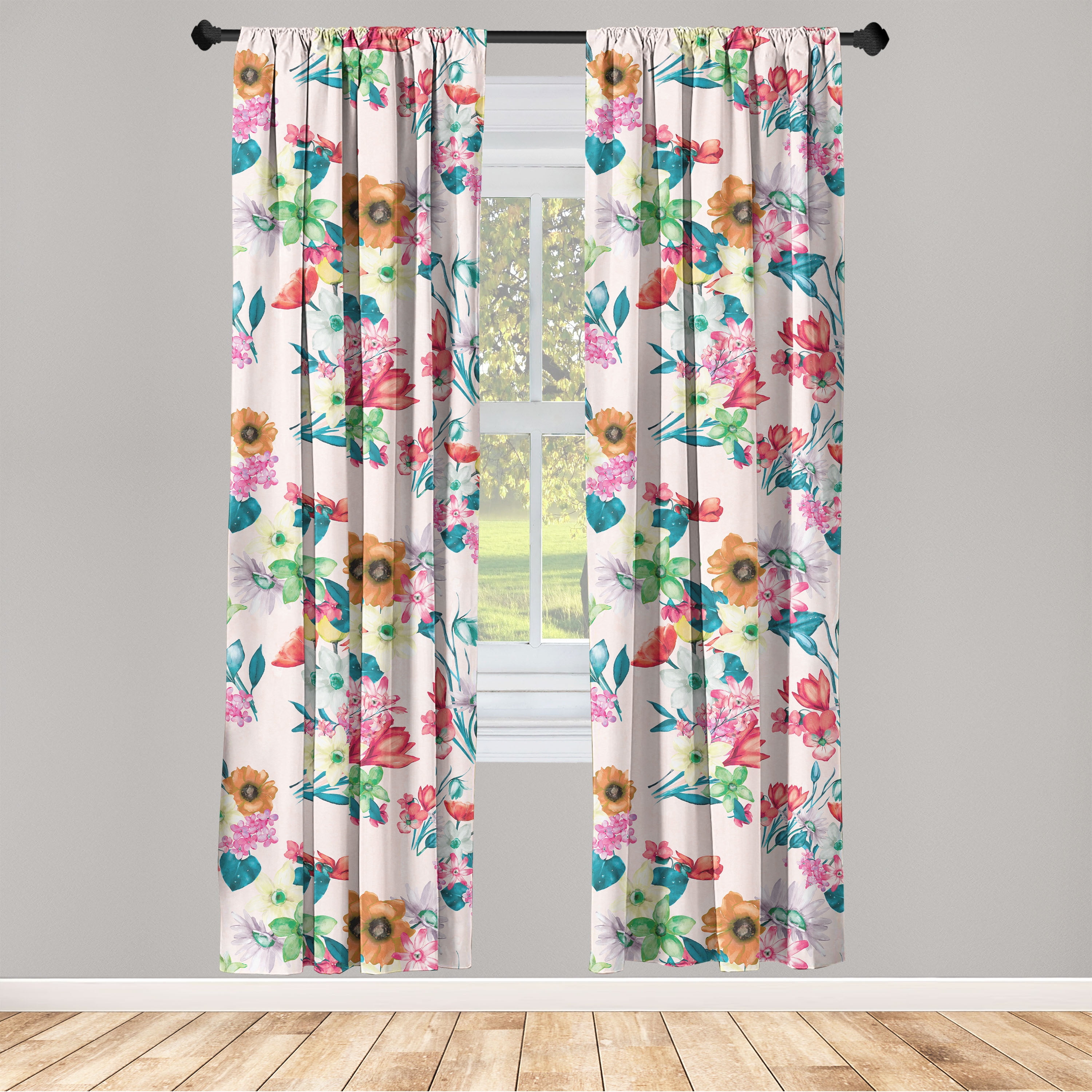 Floral Boho Window Curtains, Colorful Design Delicate Garden Flowers ...