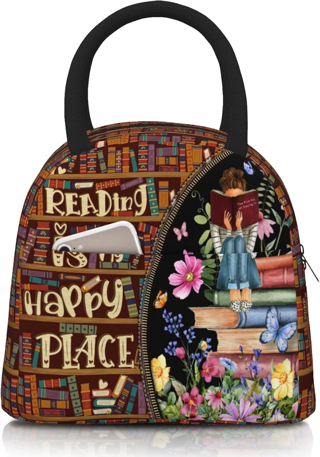 Floral Book Lunch Box for Women Book Theme A Woman Sit on Book Lunch ...