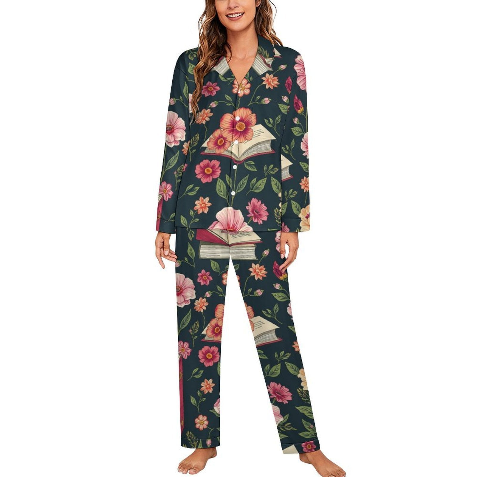 Floral Book Pattern Pajamas Night V Neck Nightwear Lady Two Piece Long ...