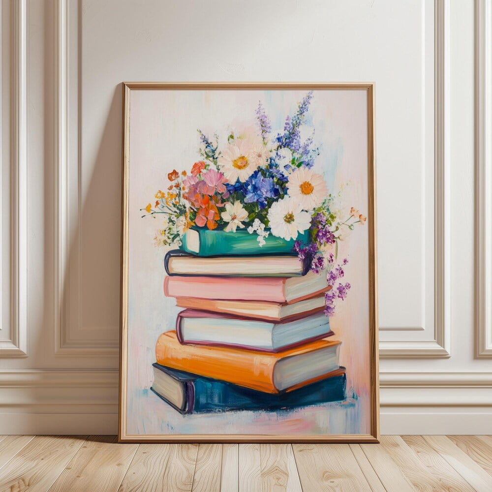 Floral Book Stack Art Print, Reading Nook Decor Print, Modern Colorful ...