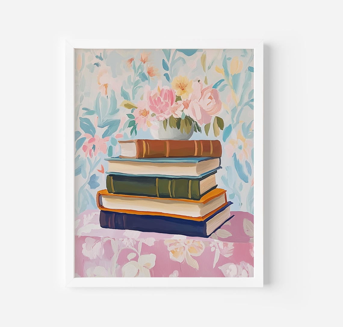 Floral Book Stack Poster Pastel Apartment Art, Unframed Poster Size ...