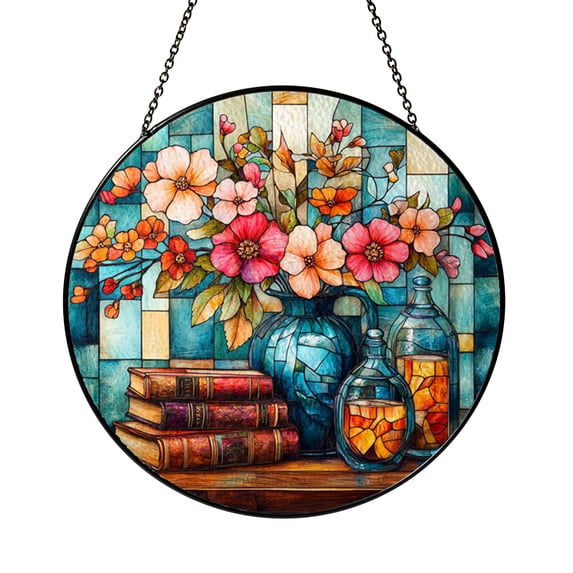 Floral Book Stained Glass Style Suncatcher Window Hanging, Literary ...