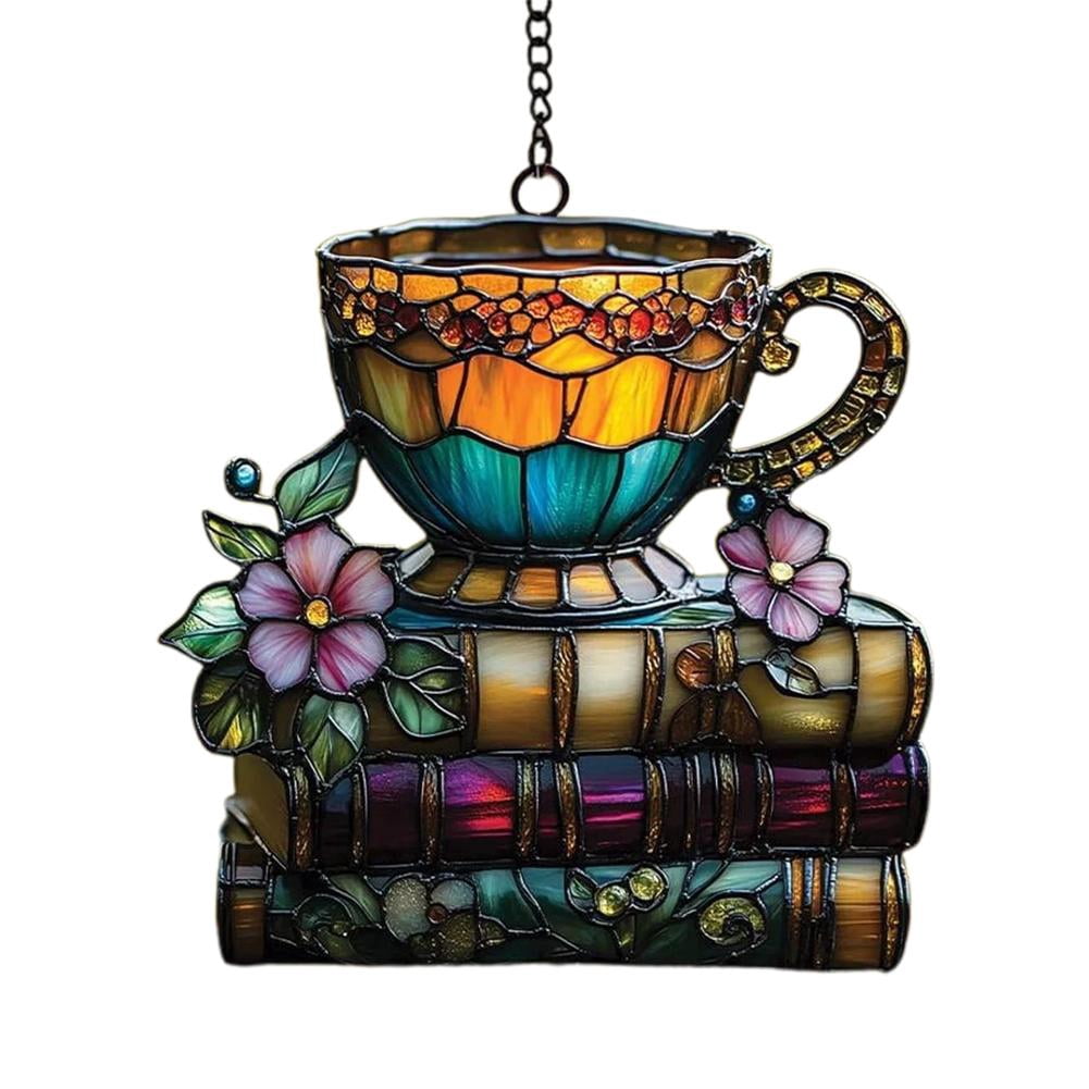 Floral Book and Tea Cup Acrylic Ornament - Book Lover Sun catcher ...