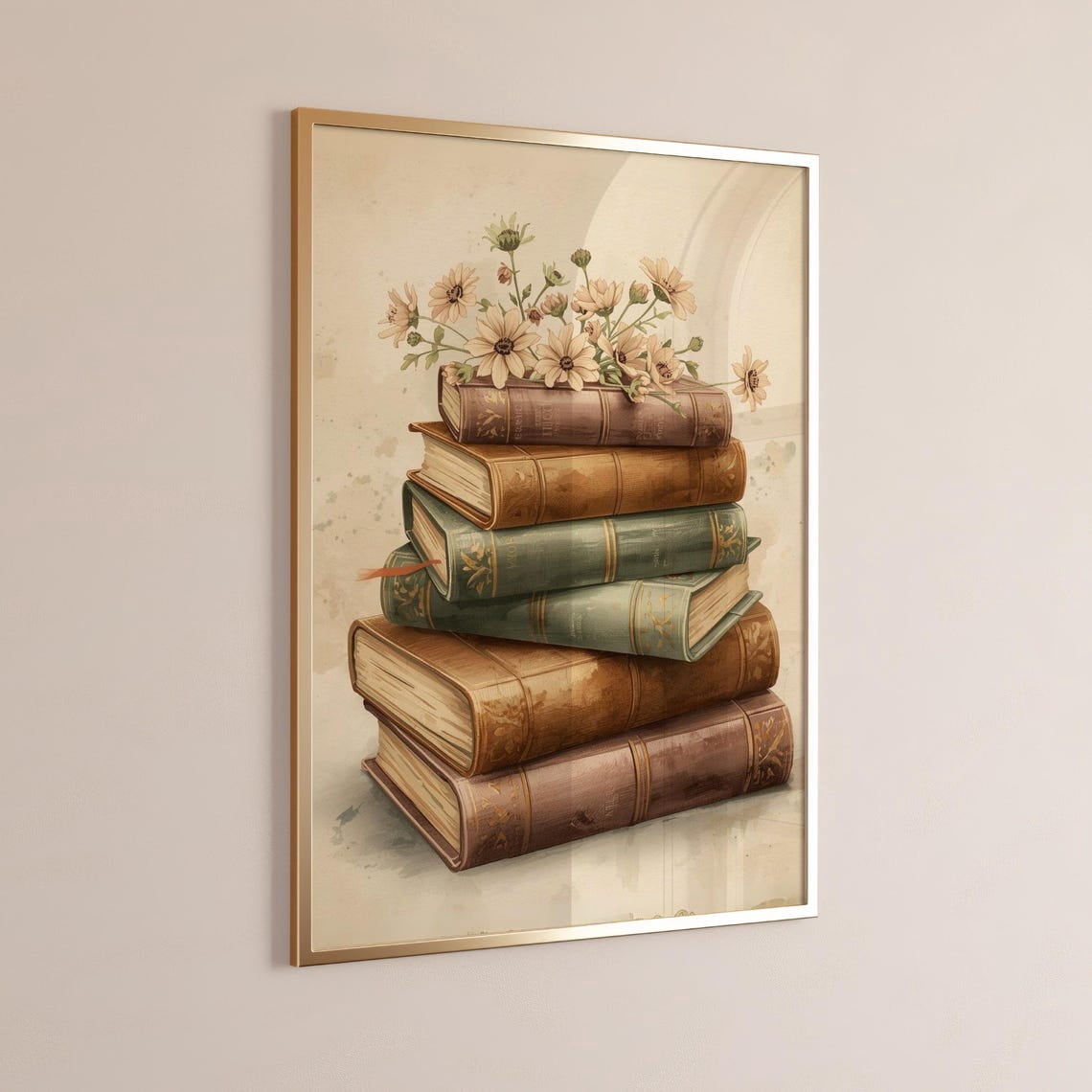 Floral Books Stack Of Books Wall Art, Unframed Paper Print Size 16x24 ...