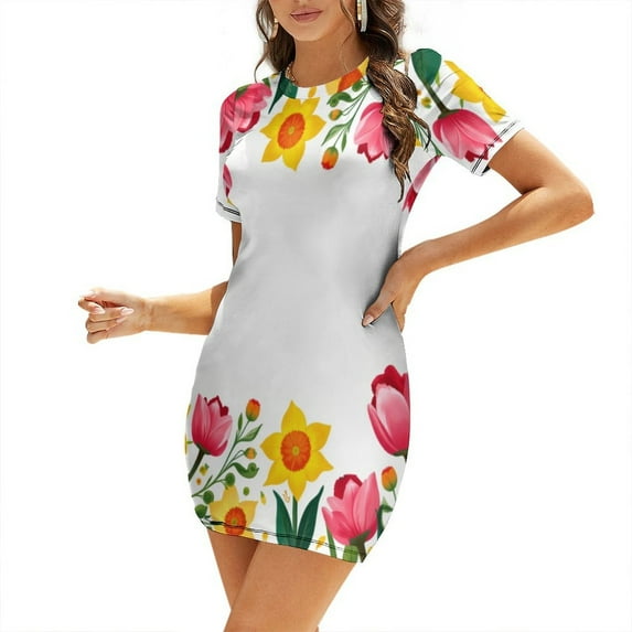 Floral Border Around White Space Dress Summer Elegant Women's Dress ...