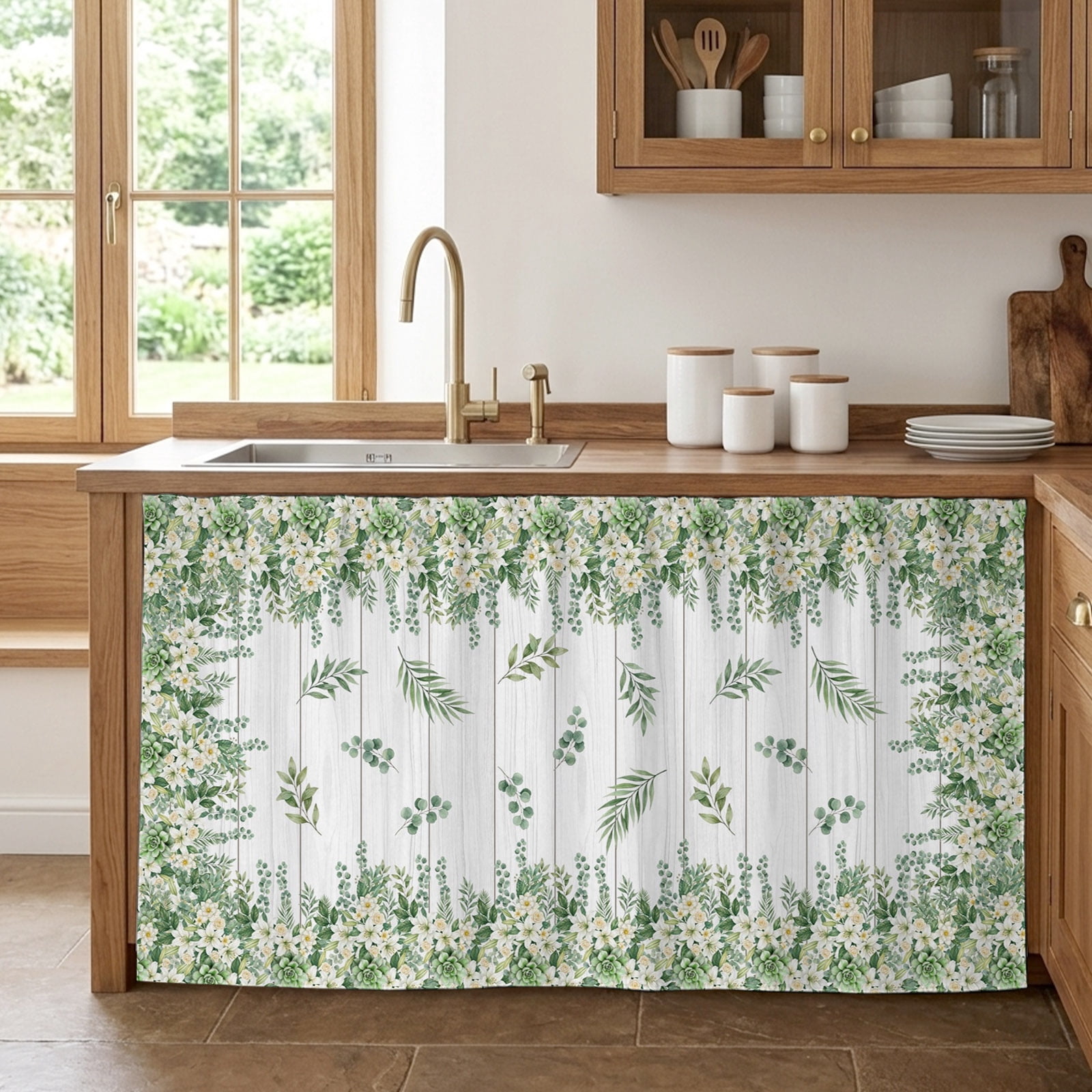 Floral Border Cabinet Curtains 28" W x 51" L, Eucalyptus Leaves Wood ...