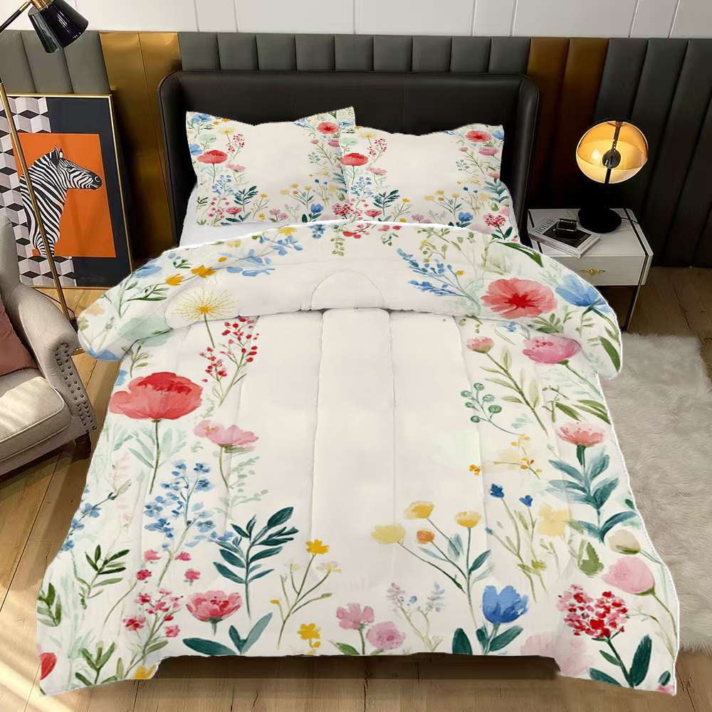 Floral Border Cream Background Pretty Flowers Comforter Set Full Size ...