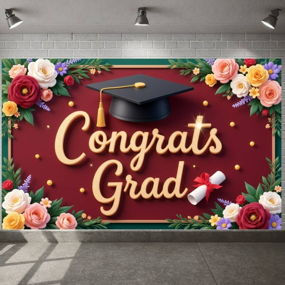 Floral Border Graduation Banner Gold Lettering Congrats Grad Display ...