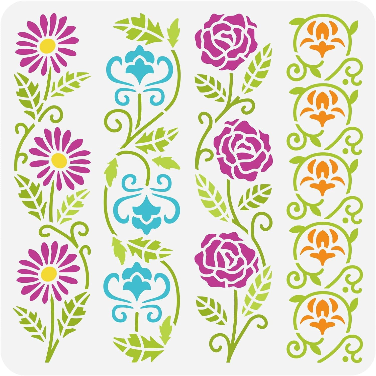 Floral Border Stencil 11.8x11.8inch 4 Style Flower Border Pattern ...