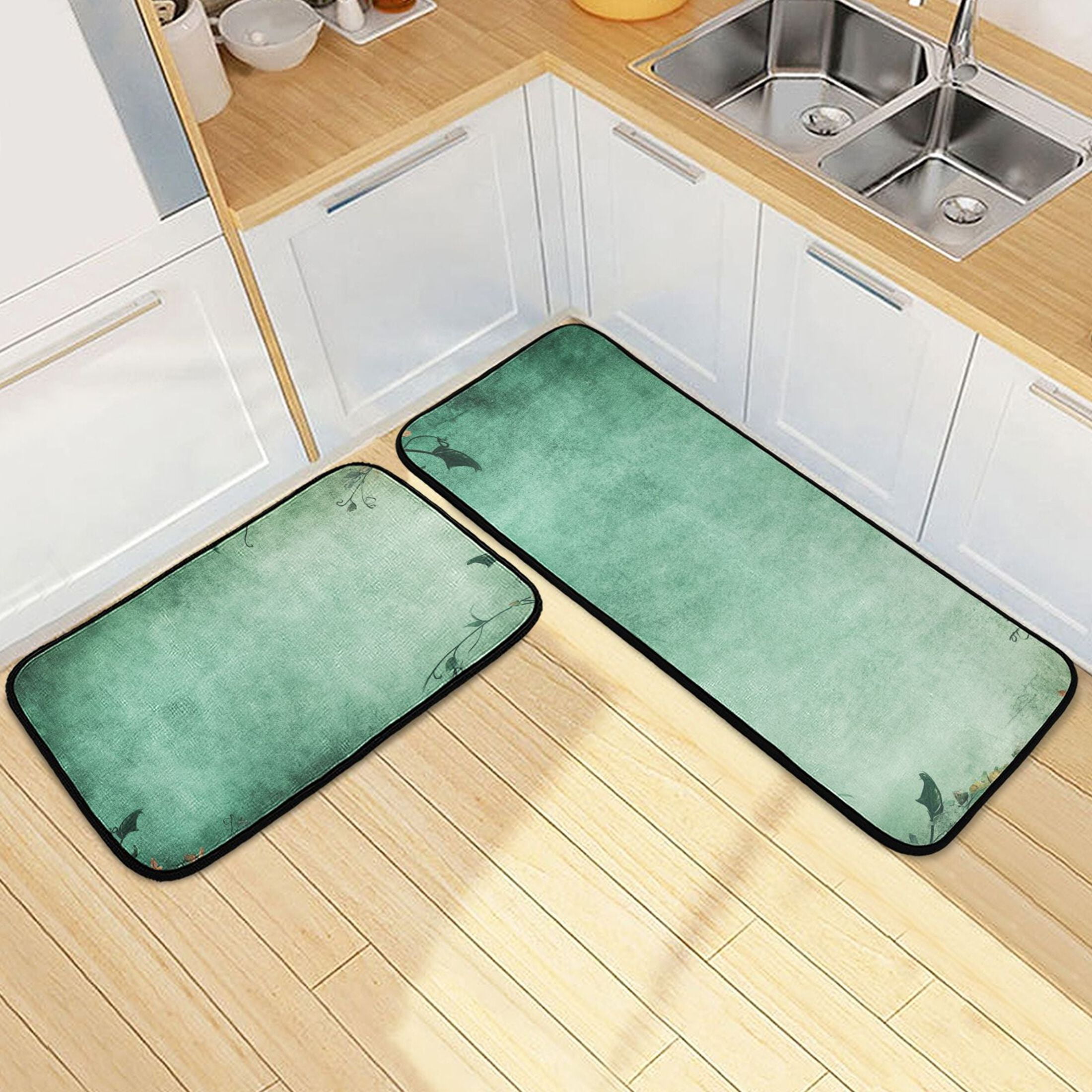 Floral Border on Green Background Kitchen Mat Set of 2 Cushioned Non ...