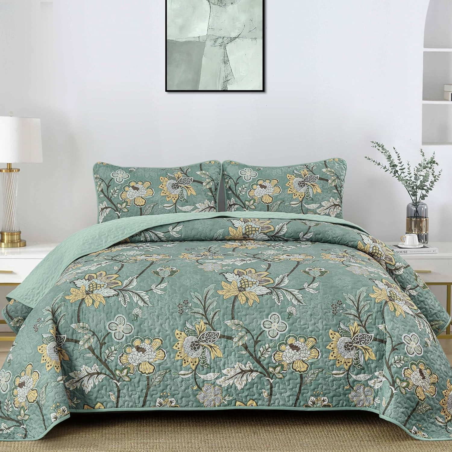 Floral Botanical Bedspread, Green Quilt Set Queen Size, Soft ...