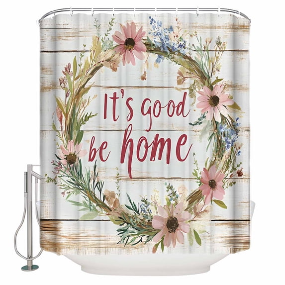 Floral Botanical Wreath Bathroom Shower Curtains with 12 Hooks ...