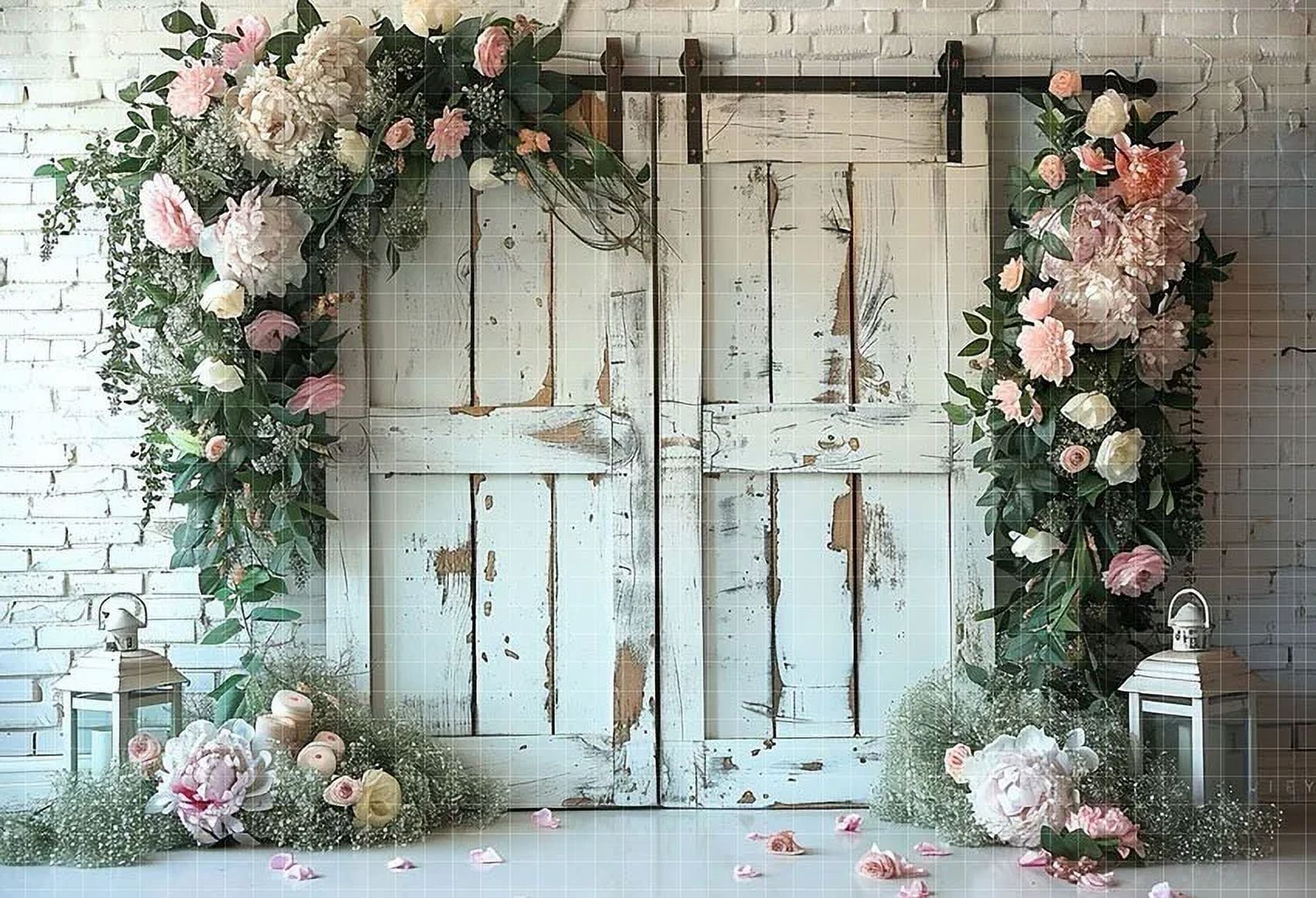 Floral Brick Wall Barn Door Kids Birthday Party Cake Smash Portrait r ...