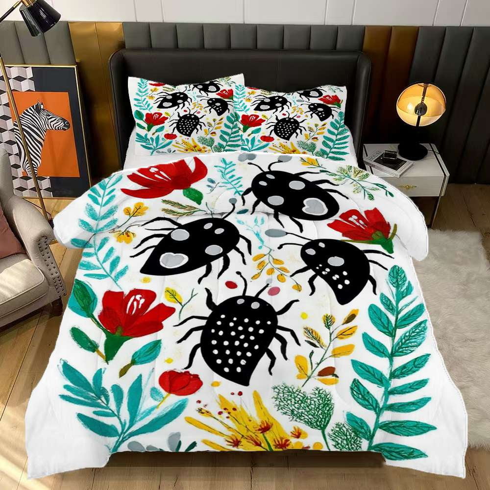 Floral Bugs Whimsical Art Print Comforter Set Queen Size Bedding Set ...