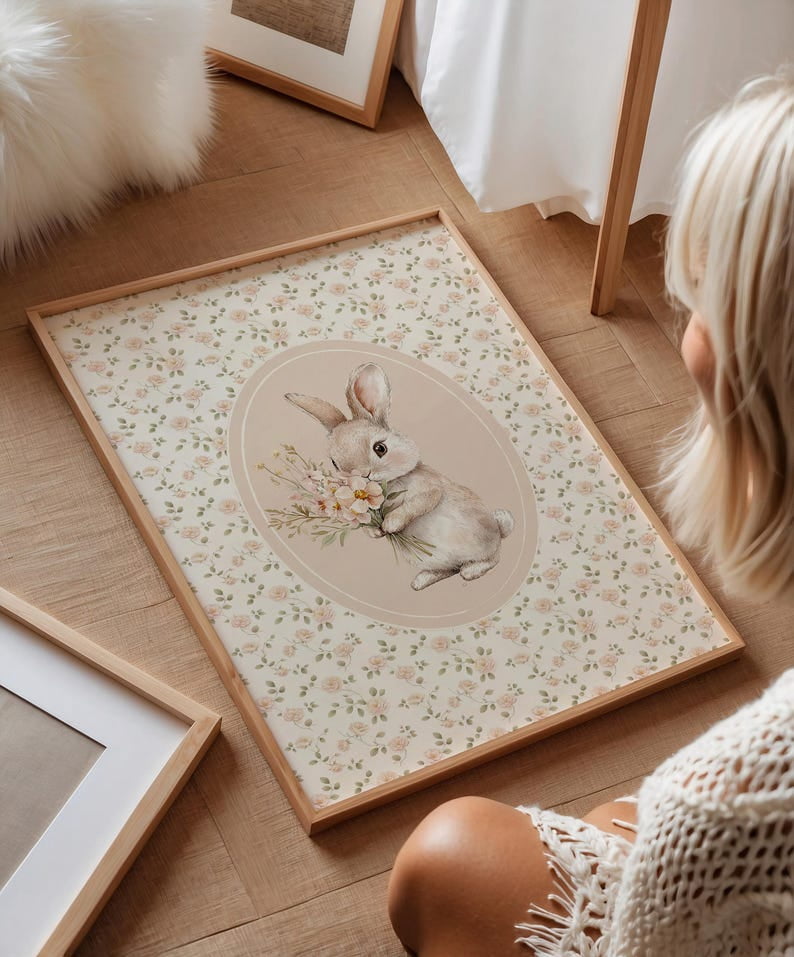 Floral Bunny Wall Art Print for Nursery | Pink and Sage Green Girl's ...