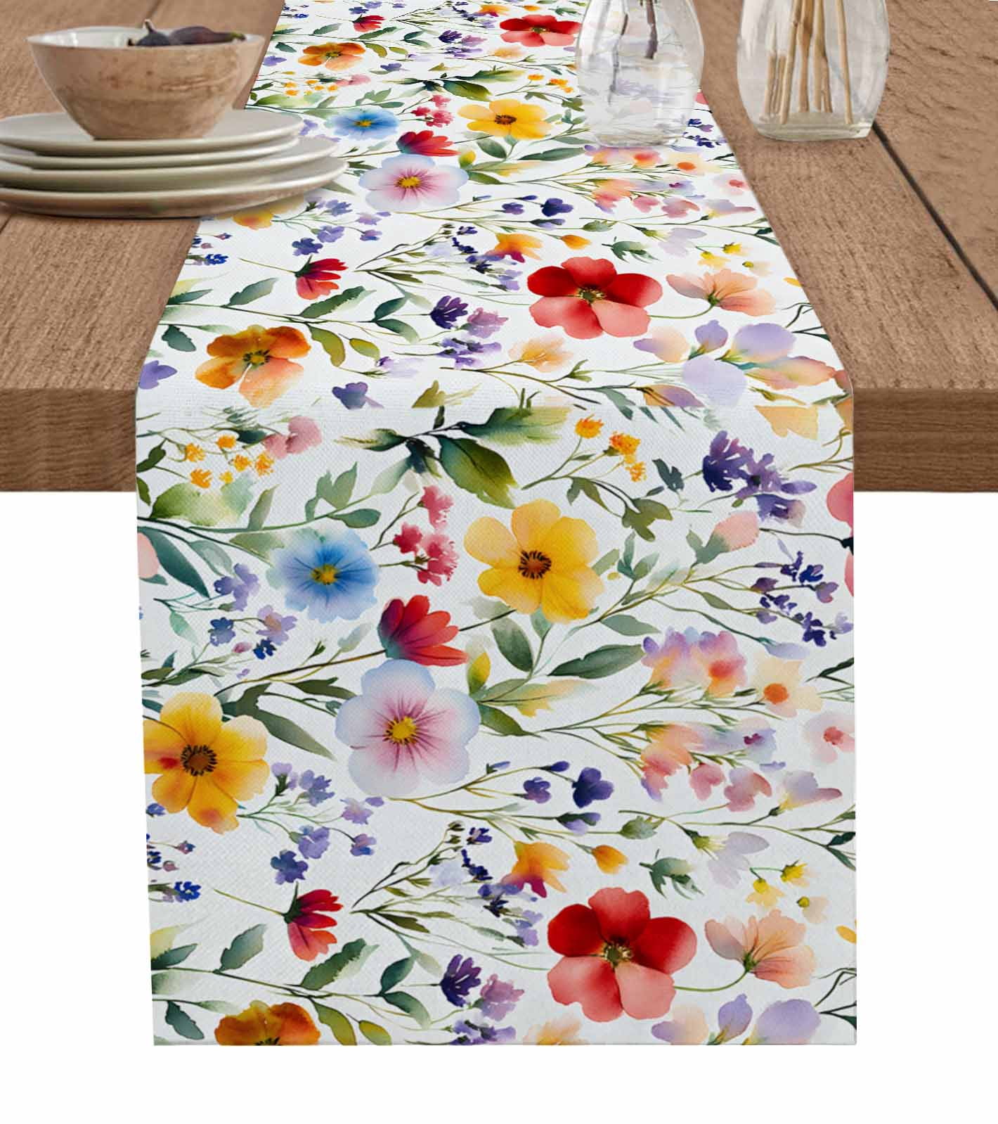 Floral Burlap Cotton Table Runner 14x72 Inches Long, Red Yellow Pink ...