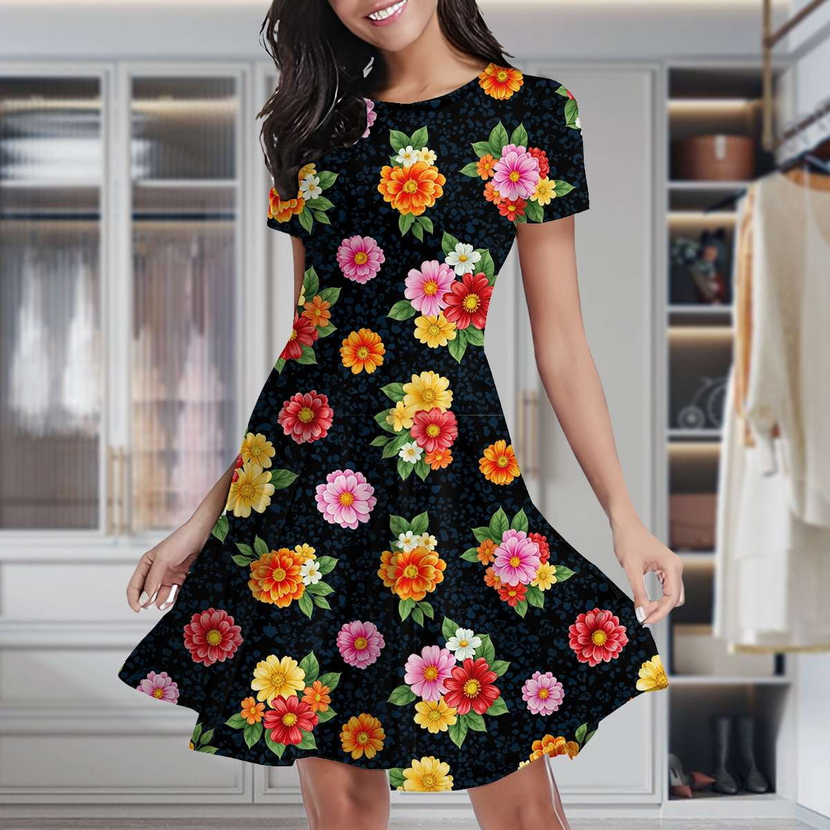 Floral Burst Pattern Women's Classic Swing Skater Dress Casual Work ...
