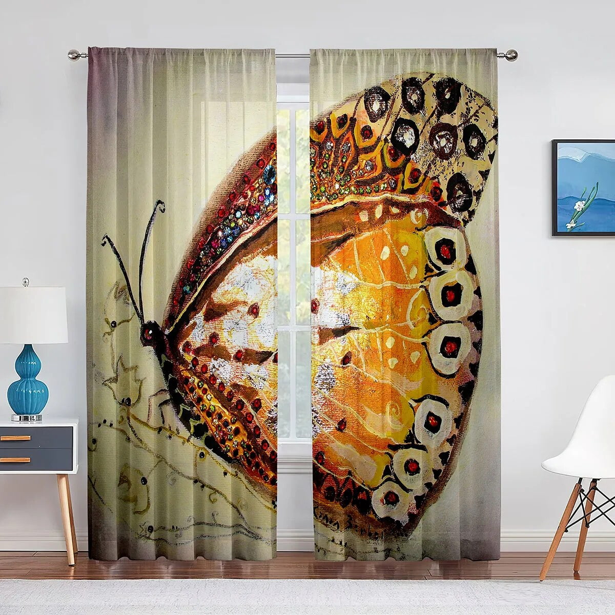 Floral Butterfly Bee Insect Painting Sheer Voile Curtains for Living ...