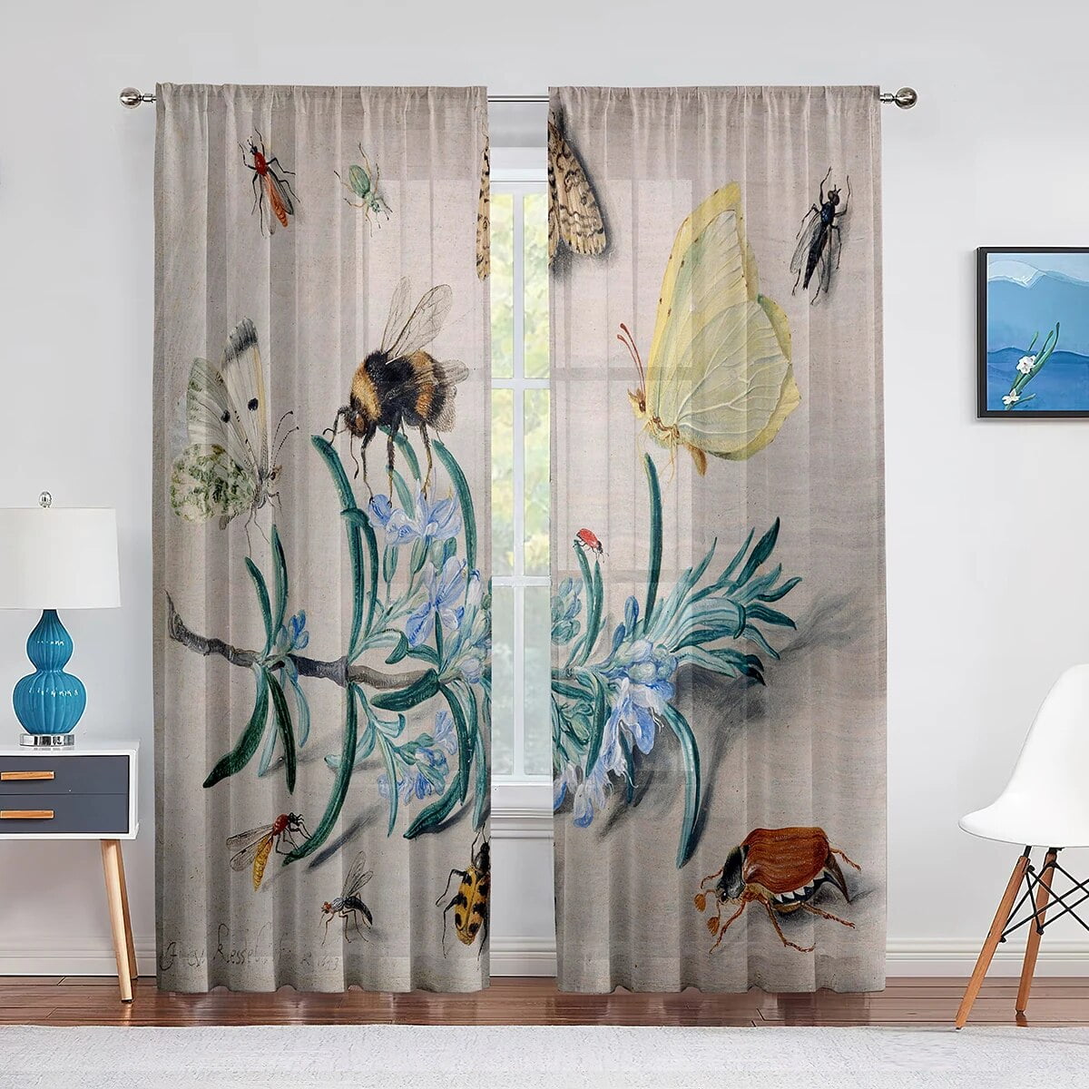 Floral Butterfly Bee Insect Painting Sheer Voile Curtains for Living ...