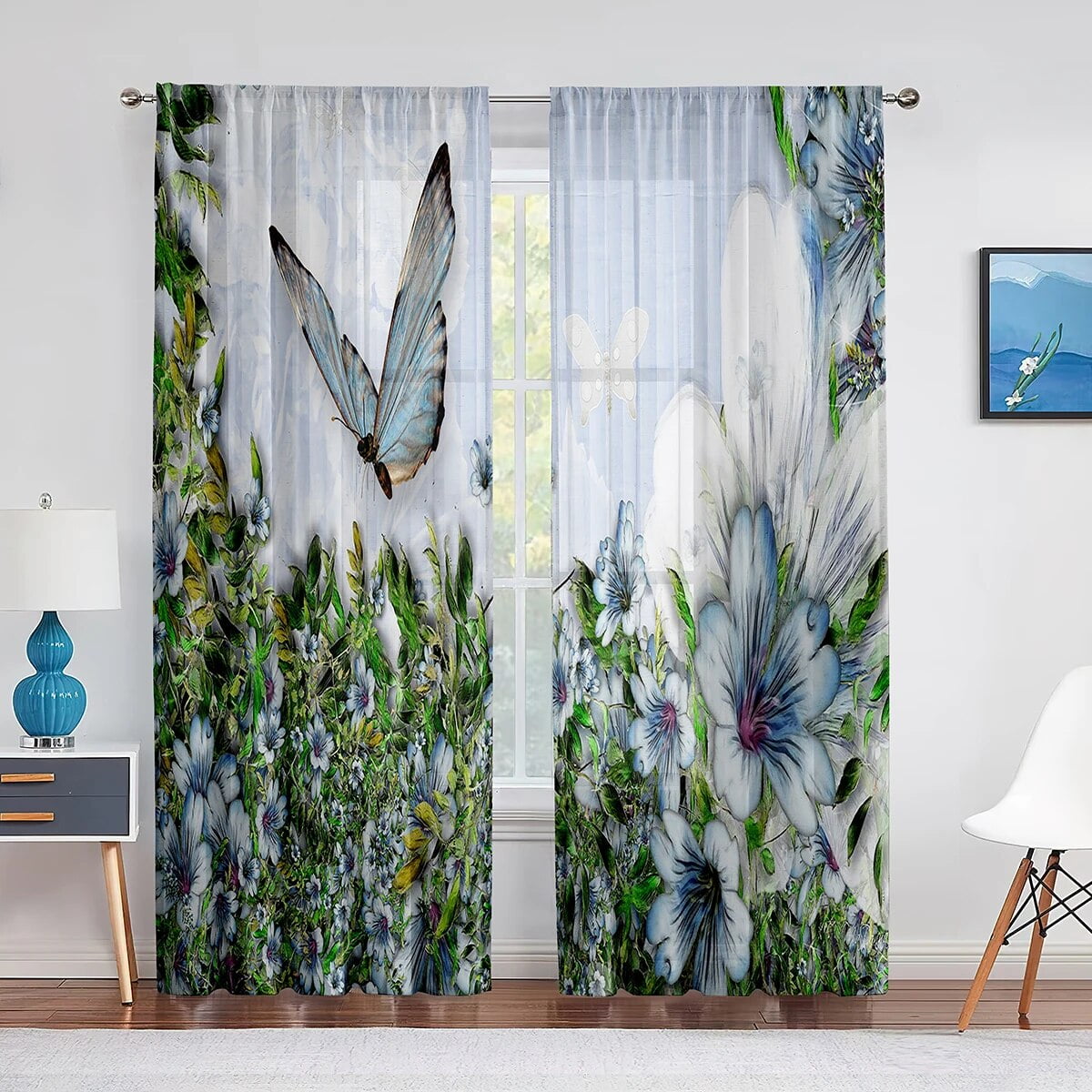 Floral Butterfly Bee Insect Painting Sheer Voile Curtains for Living ...