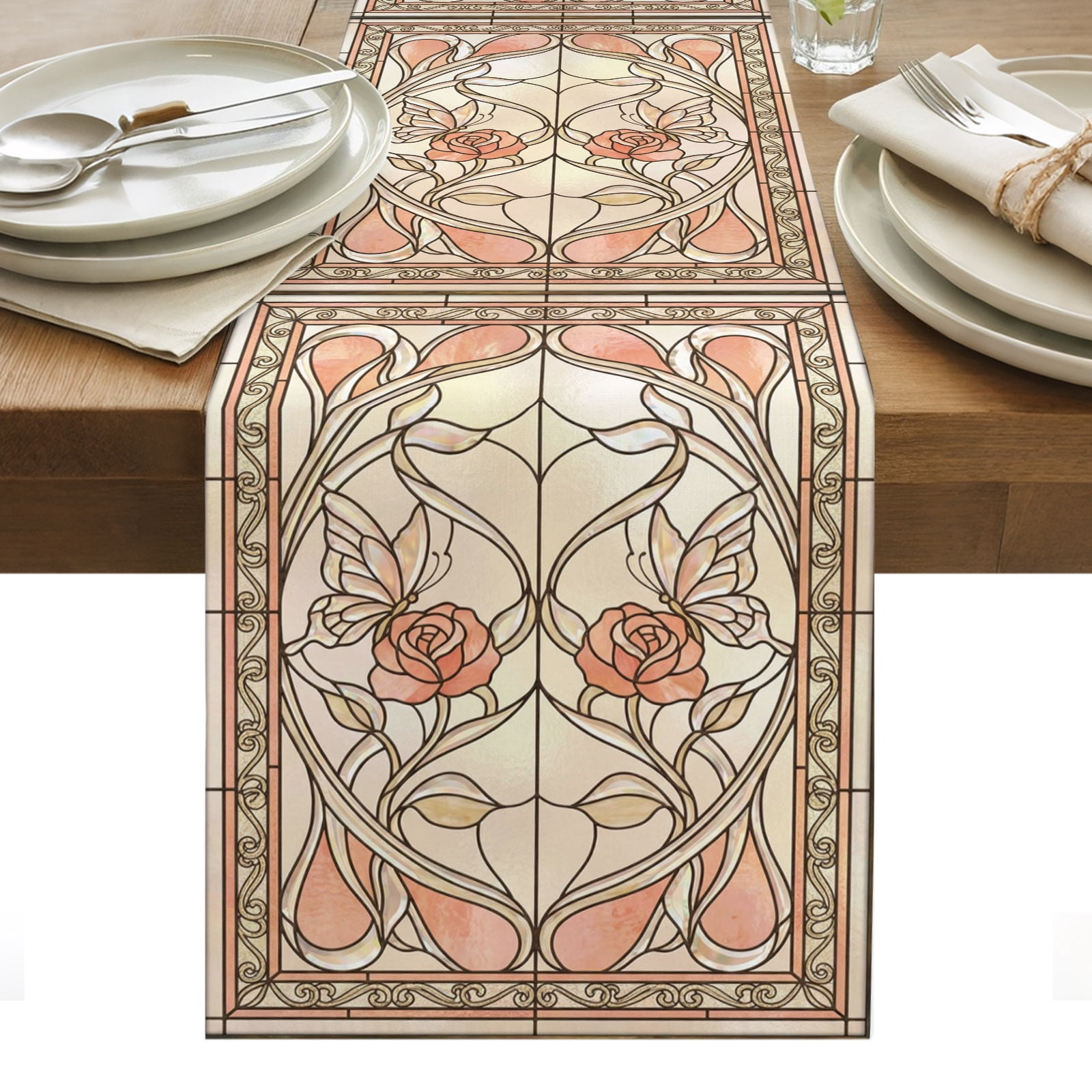 Floral Butterfly Cotton Linen Table Runner Retro Pink Floral Leaf ...