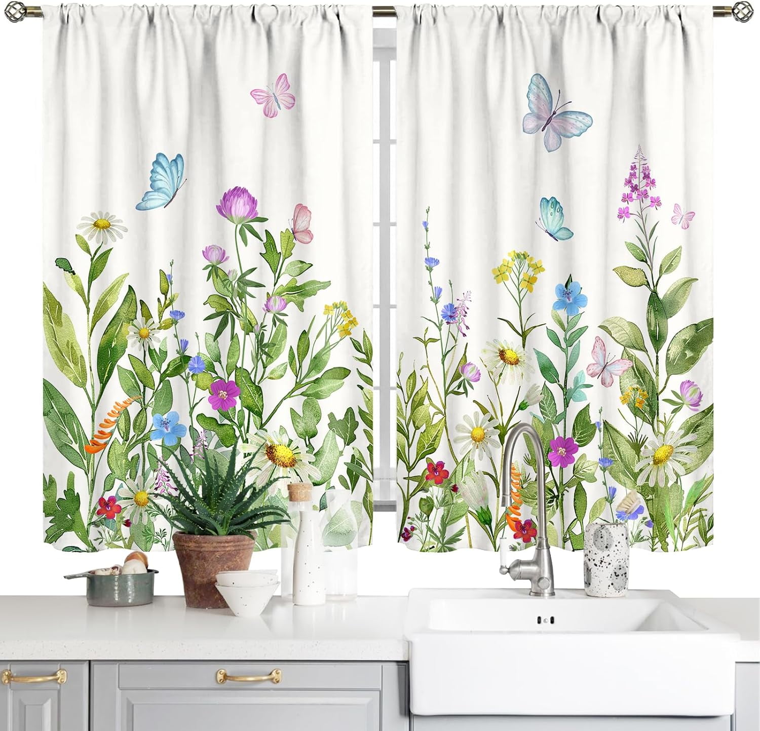 Floral Butterfly Kitchen Curtains Farmhouse Spring Flower Small Short ...