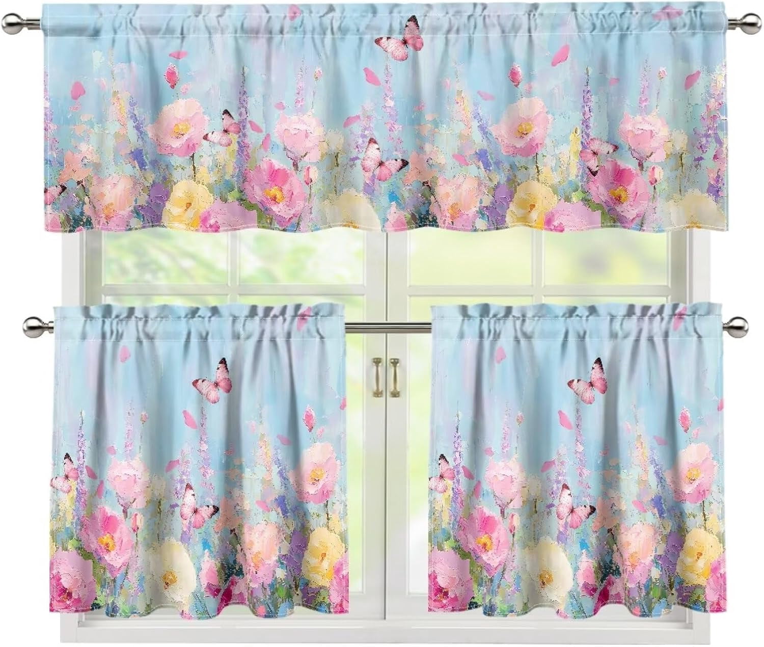 Floral Butterfly Kitchen Curtains and Valances Set 24Inch Long Tier Art ...