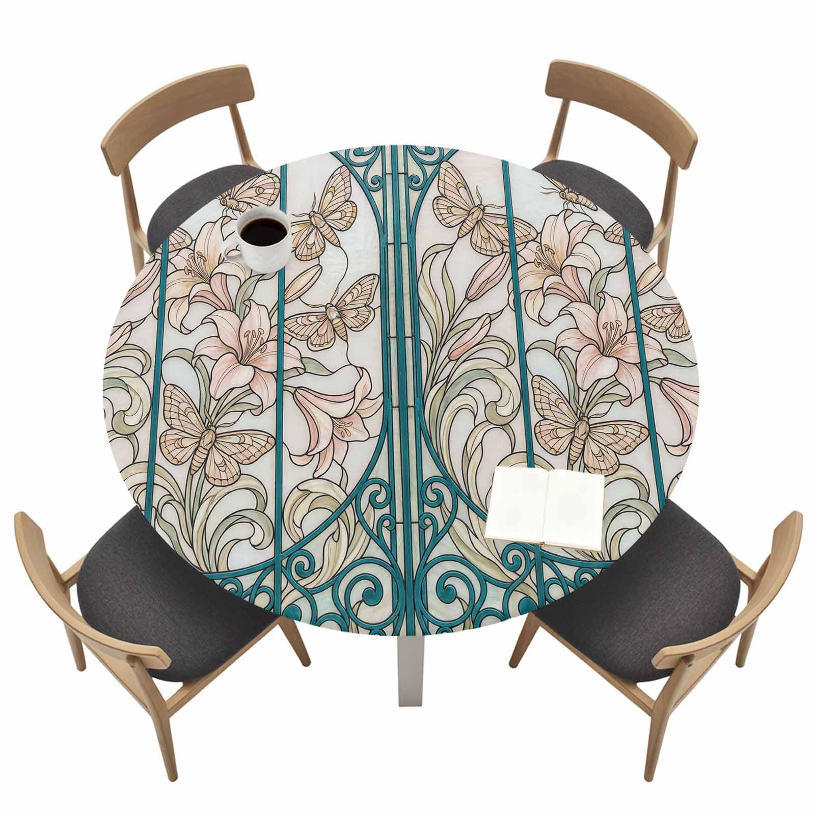 Floral Butterfly Round Fitted Tablecloth with Elastic Edge Retro Pink ...