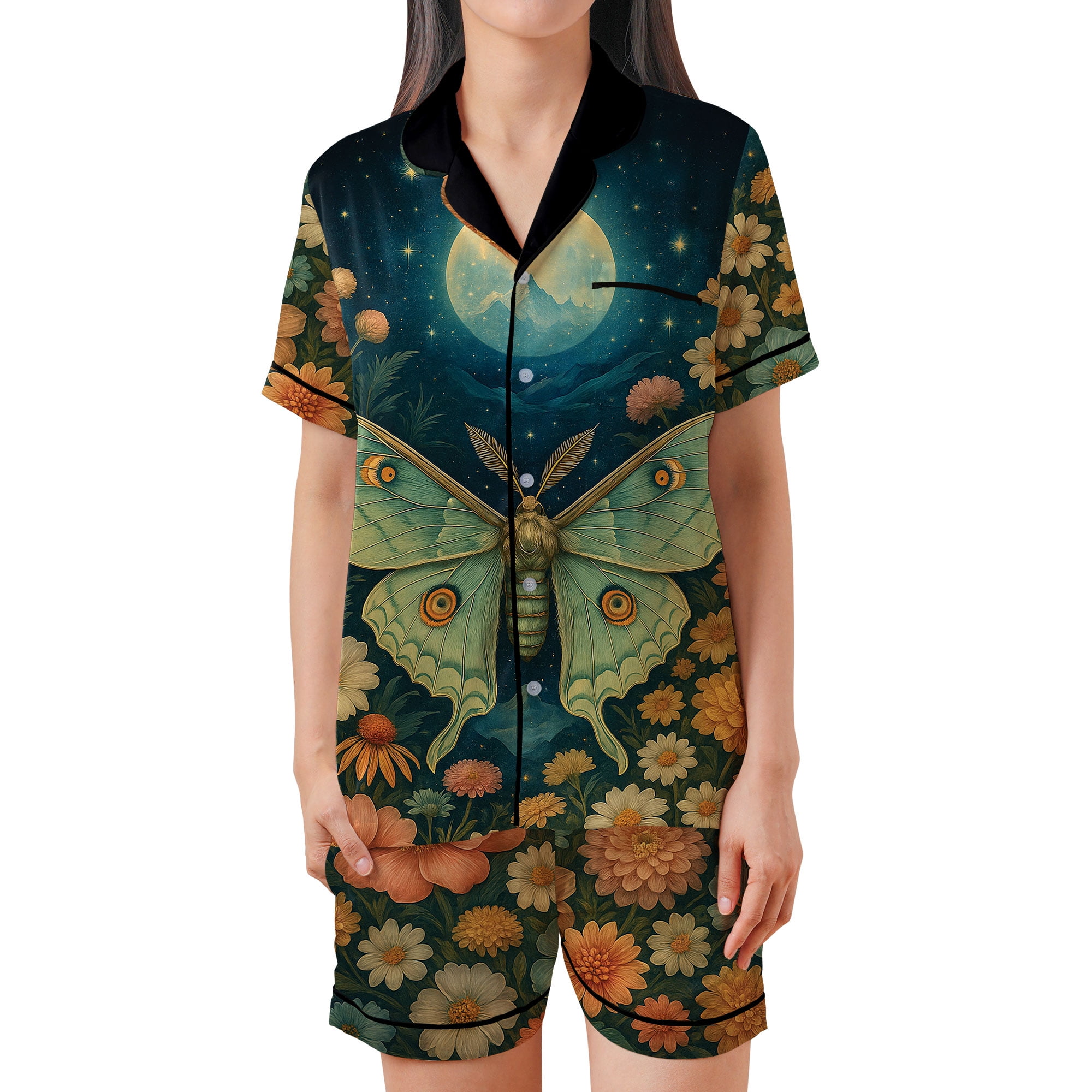Floral Butterfly Satin Pajamas Set, Moonlight Butterfly Satin Sleepwear ...