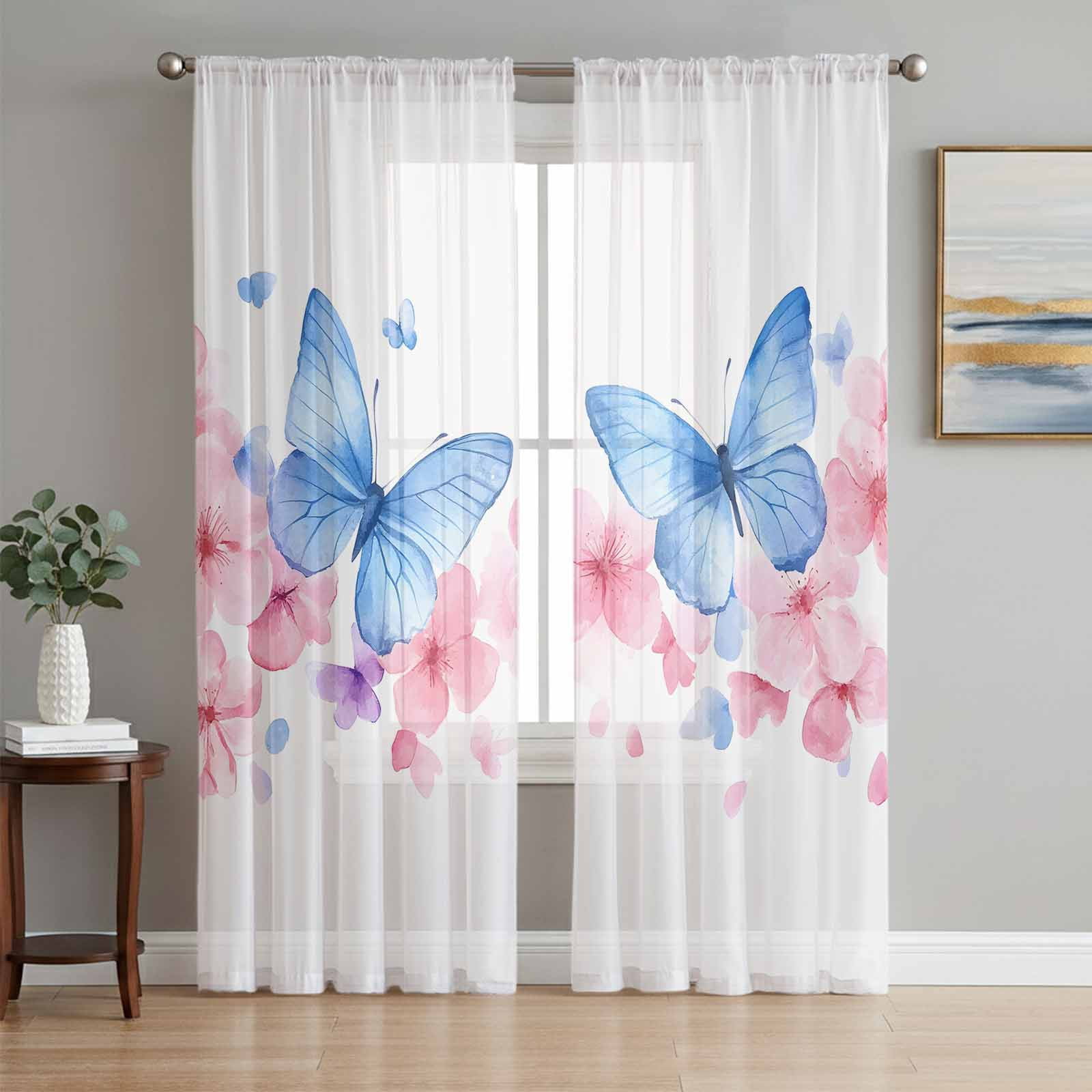 Floral Butterfly Sheer Curtains 96 Inch Length 2 Panels Set, Spring ...