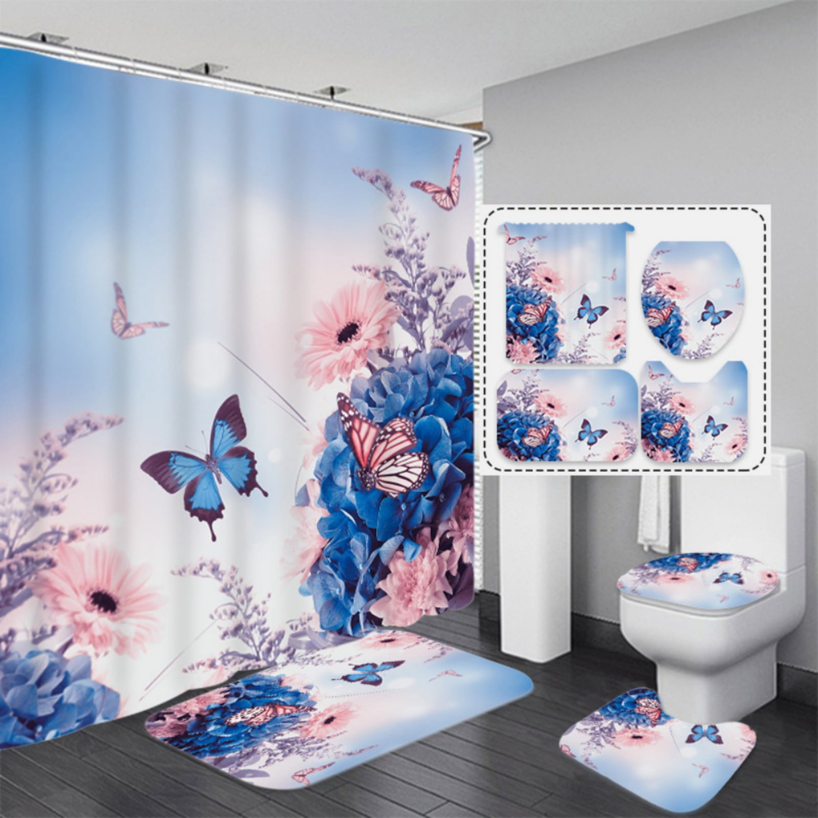 Floral Butterfly Shower Curtain,4Pcs Waterproof Fabric Cloth Bathroom ...