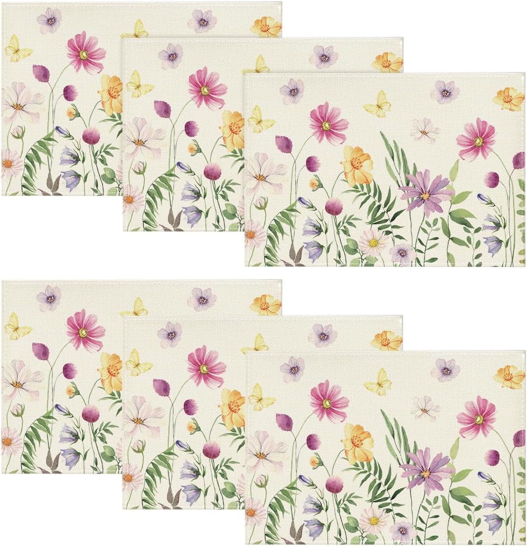 Floral Butterfly Spring Placemats Set of 6, 12x18 Inch Seasonal Summer ...