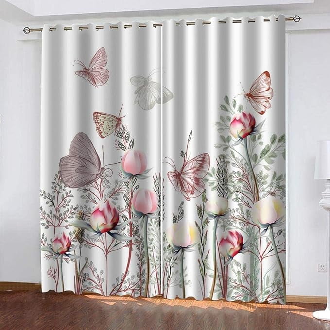Floral Butterfly Window Curtain Panel, Country Pastoral Style 3D ...