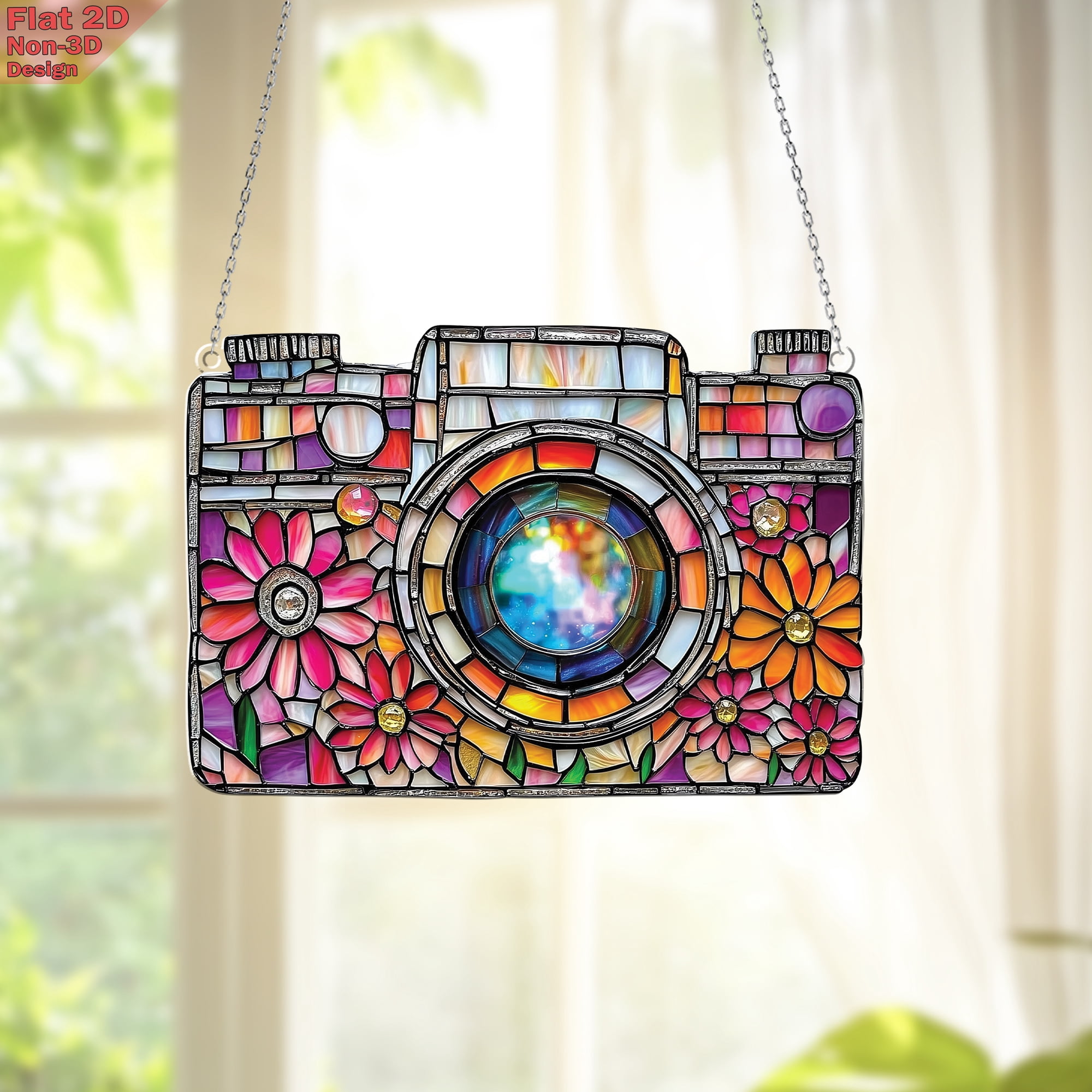 Floral Camera Acrylic Window Hanging – 2D Stained Glass Style Sun ...