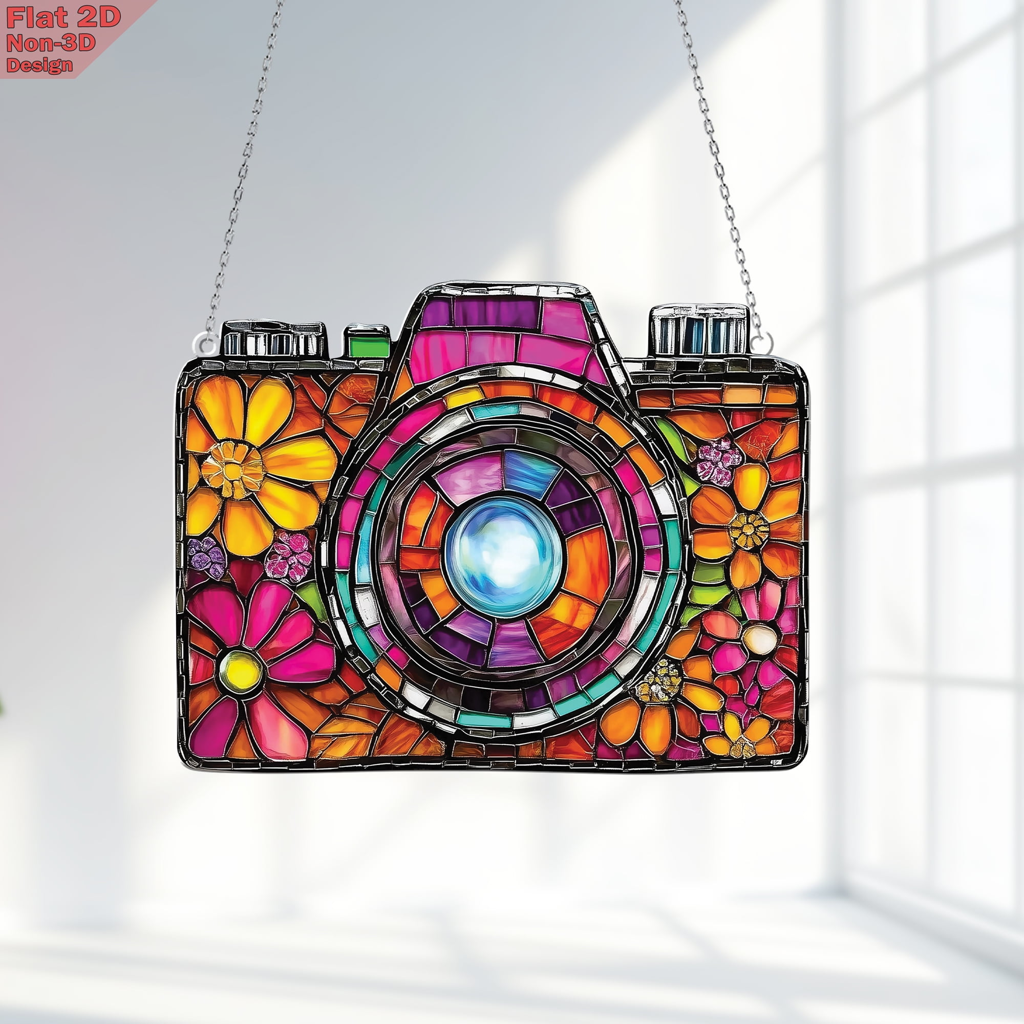 Floral Camera Acrylic Window Hanging – 2D Stained Glass Style Sun ...