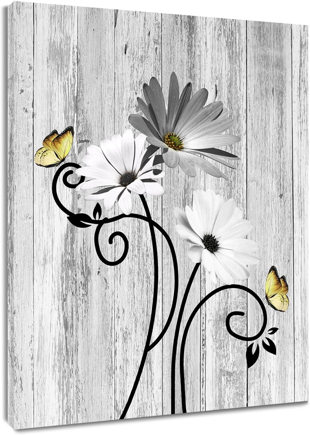 Floral Canvas Wall Art - Daisy & Butterfly Botanical Wall Decor, Rustic ...
