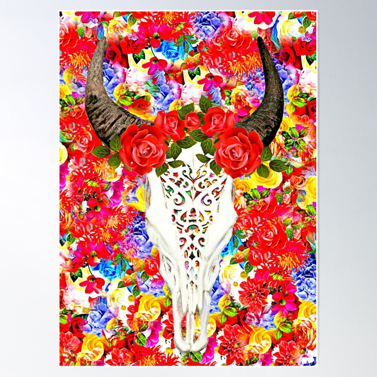 Floral Carved Buffalo Skull Horns Roses Headdress Poster Wall Art ...