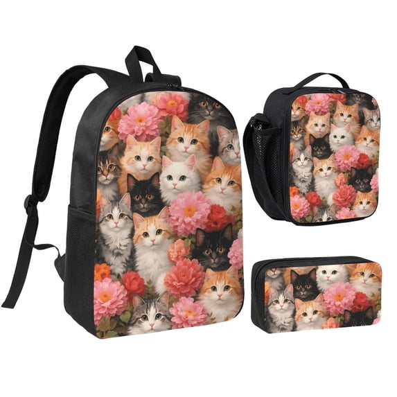 Floral Cat Backpack Set 3pc Including Backpack, Lunch Bag and Pen Bag ...