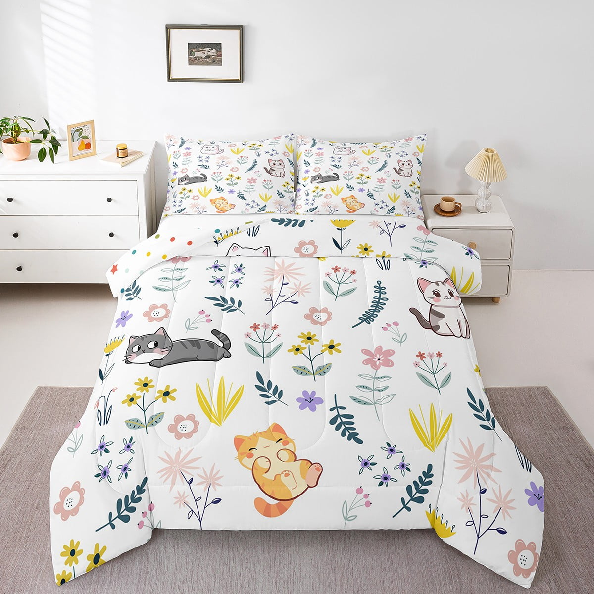 Floral Cat Comforter Sets,Cartoon Kitten Animal Bedding Set King ...