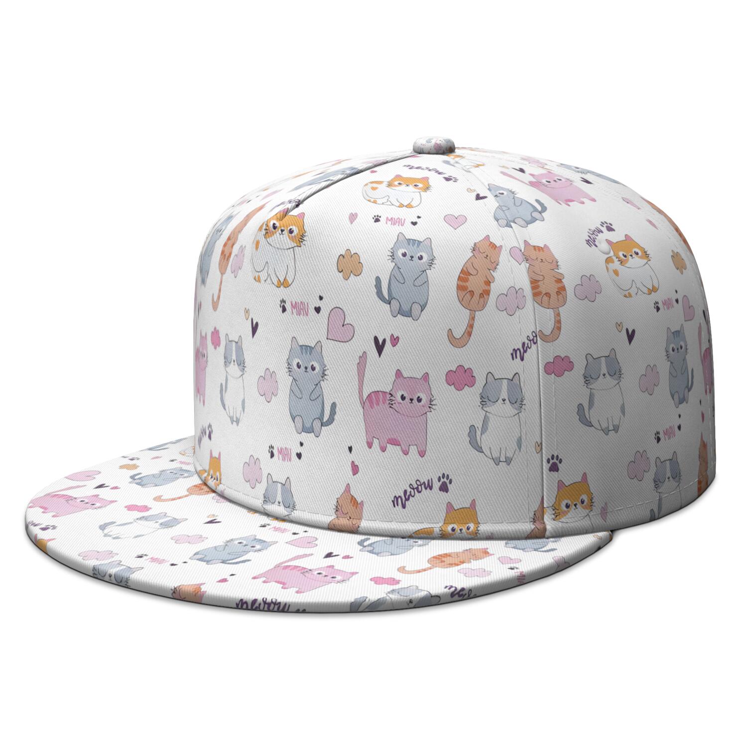 Floral Cat Design Full Panel Cap - Cats and Flowers Print Adjustable ...