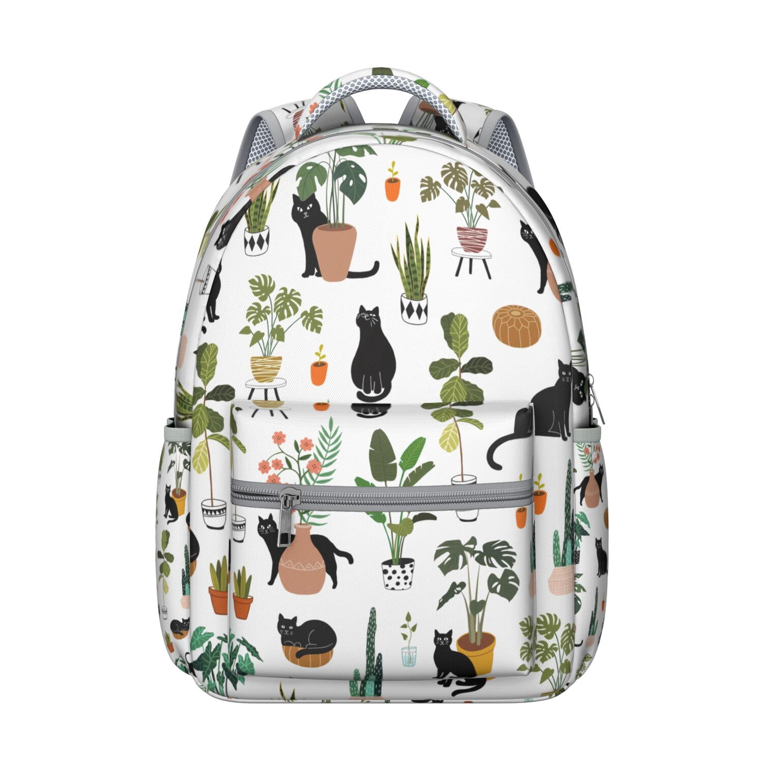 Floral Cat Design Student School Backpack with Vintage Cat Illustration ...