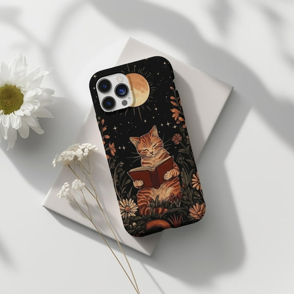 Floral Cat Reading Book Phone Case Full Moon Wildflowers iPhone 17 ...