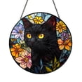 Floral Cat Stained Glass Suncatcher, Round Window Hanging with Nature ...