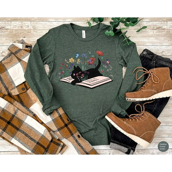 Floral Cat T-Shirt, Cat Lover Shirt, Cat Book Shirt, Cat Lover Gift ...