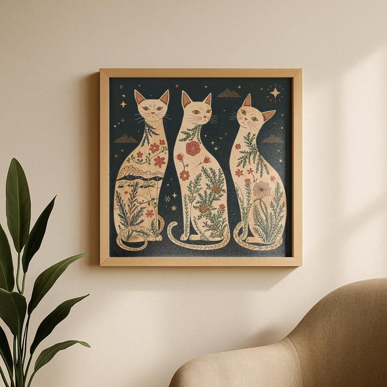 Floral Cat Wall Art Printable | Folk Art Cat Illustration | Cozy ...