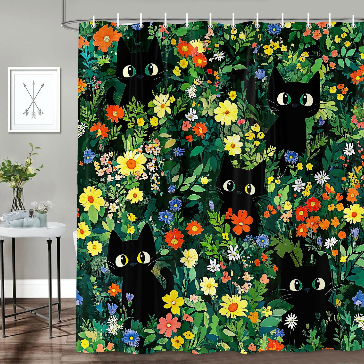Floral Cats Shower Curtain, Boho Modern Cute Black Cat Aesthetic ...